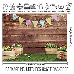 Allenjoy 8x6ft Fabric Spring Easter Backdrops for Girls Photography Wrinkle Free Happy Bunny Rabbit Green Grass Brown Wooden Wall Baby Shower Kids Newborn Portrait Background Photo Studio Shooting