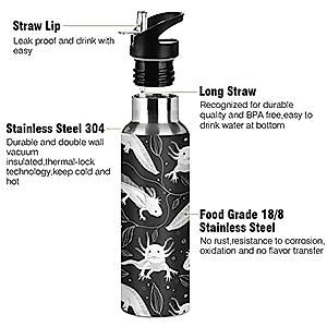 Seamless White Swimming Axolotls, Algae Leaves on Dark Stainless Steel Water Bottle, Leak-Proof Vacuum Hot Cold Insulated Travel Mug, Double Walled with Handle Thermo Cup Bottle 20 Oz