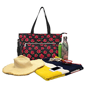 Betsey Johnson 15.6 Inch Zipper Beach Tote Bag Lightweight Large Durable Polyester with Mesh Side Pockets for Gym Work, Covered Rose