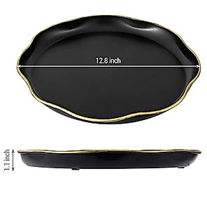 MyGift Modern Art Deco Matte Black Metal & Brass Tone Rim Serving Platter w/Scalloped Edges - 12-Inch Round Vanity Tray Display - Handcrafted in India