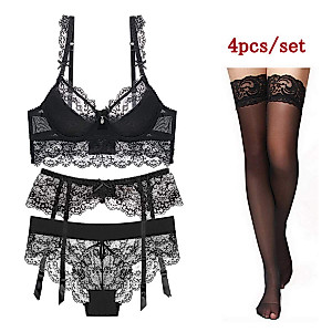 Women Push Up Embroidered Lace Bras Set Sexy Lingerie Bra and Underwear with Garter Belt Suspender & High Heel Stocking Socks 4 Piece/Lot Black 40C