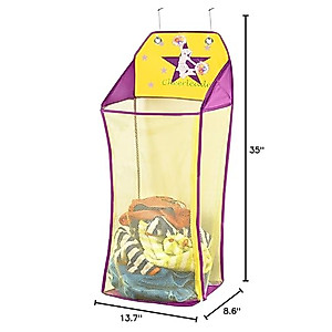 Store & Score Over The Door Hanging Kids Fun LED Cheerleader Light-Up Collapsible Mesh Laundry Hamper, Toy Chest, Heavy Duty Metal Hooks Included. Patent Pending.