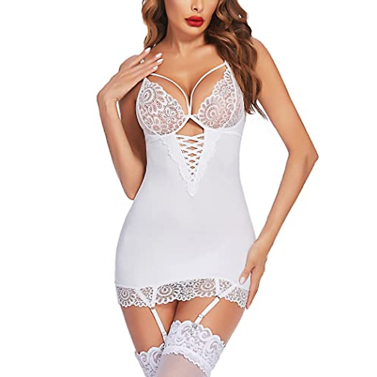 Avidlove Women Sexy Lingerie with Garter Belt Lace Babydoll Full Slips Chemise Sleepwear White XXX-Large