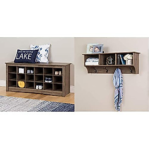 Prepac Entryway Shoe Cubbie Bench, Drifted Gray & 48" Wide Hanging Entryway Shelf, Drifted Gray