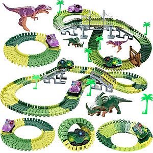 TOYLI Dinosaur Race Track Set 182 Pieces, Dino Track Flexible Dinosaur Road Race Playset with Bridge, Ramps, Dinosaur Track Toy Set is a Great 3 Year Old boy Gift.