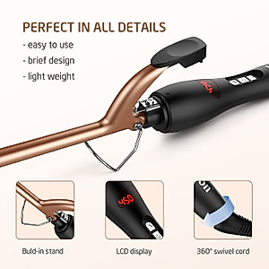9mm Thin Curling Iron Ceramic, 3/8 Inch Small Barrel Curling Wand for Long & Short Hair, LCD Display with 9 Heat Setting Include Glove(Golden)