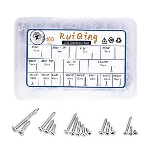 RUIQING 460Pcs 304 Stainless Steel Flat Head Phillips Wood Screws Set, Self-Tapping Sheet Metal Screws Assortment Set Contains #4#6#8#10#12