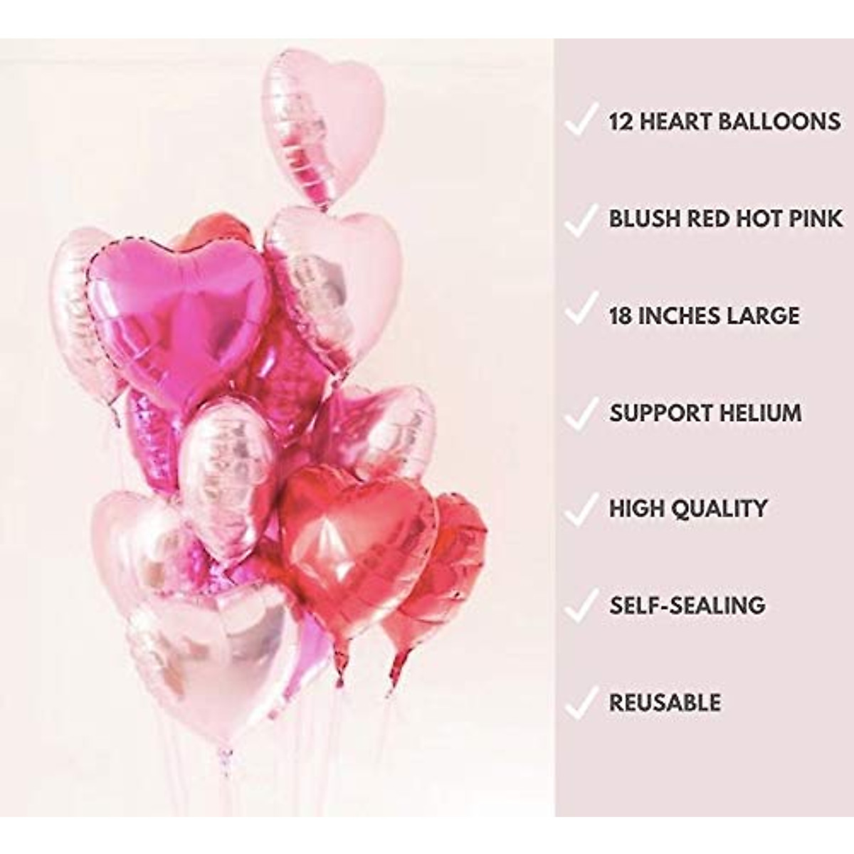 Hot Pink Heart Balloons 15 PACK - Valentines Day Heart Shaped Balloons - Mylar Pink Red Rose Gold Foil Decorations