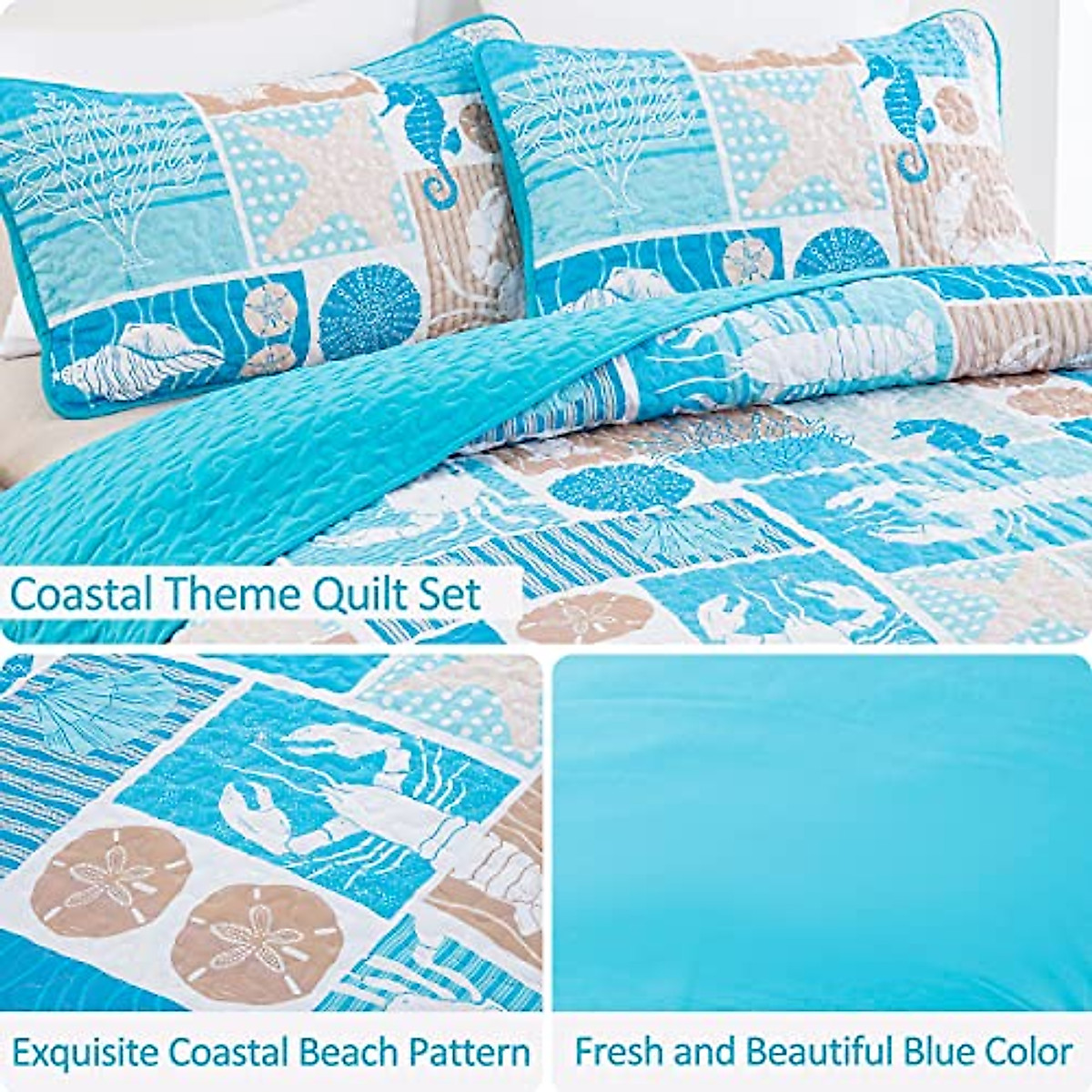DJY Coastal Quilt Set King Coastal Blue Pattern Quilt Coverlet Set Soft Coastal Patchwork Bedspread with 2 Pillow Shams 3 Pieces Coastal Bedding Quilt Set for All Season 90"x 104"