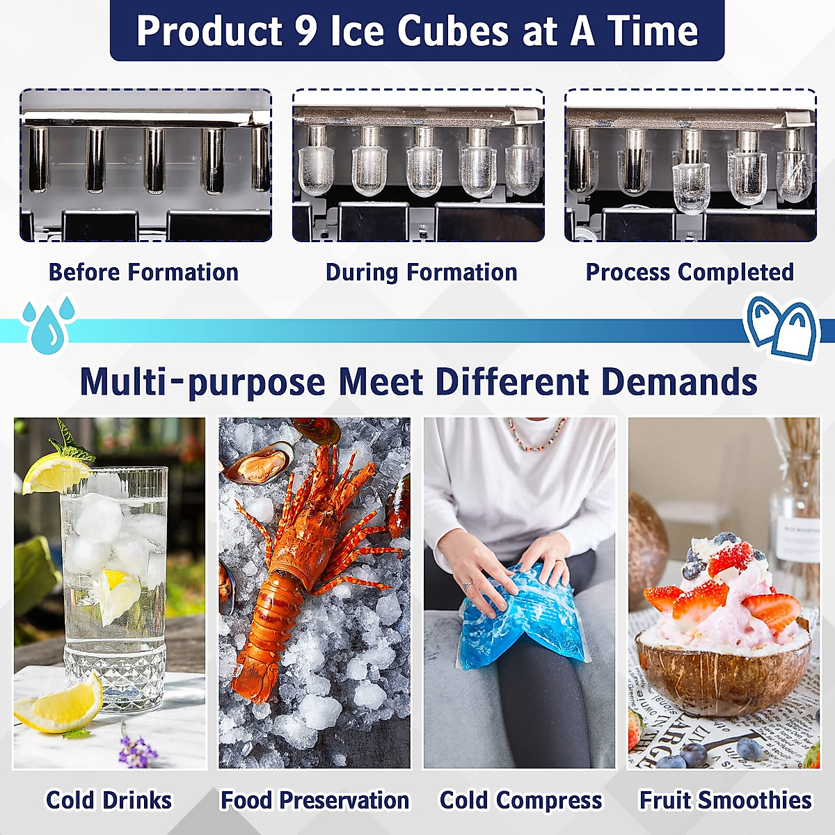 OUTGAVA Ice Maker Machine Countertop Portable Ice Cube Maker,Compact Automatic Ice Making Machine with Ice Scoop&Basket,26Lbs/24H,9 Cubes in 6-8 Minutes,2 Size(S/L) for Kitchen Bar Office,Black
