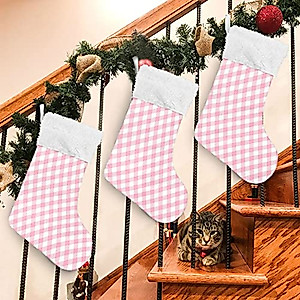 Kigai Christmas Stockings Pink Gingham Large Candy Stockings Stuffers Kids Cute Xmas Sock Decorations 2PCS for Home Holiday Party 12" x18"