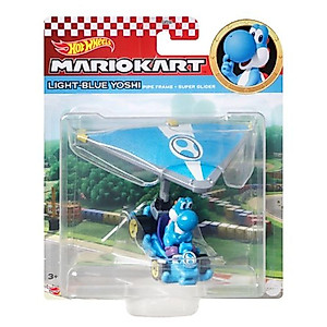 Hot Wheels Mario Kart 1:64 Scale Die-cast Light-Blue Yoshi in Pipe Frame Kart with Super Glider