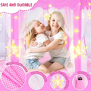 KIXINWA Pink Princess Tent for Girls, Kids Play Tent with LED Large Star Lights, Castle Playhouse Tent for Children Toddlers Indoor Outdoor Games, 55×53 Inches