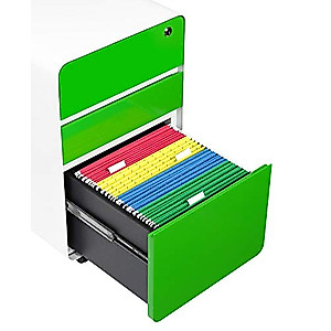 Laura Davidson Furniture Stockpile Flat 3 Drawer File Cabinet with Lock - Under Office Desk Metal Filing Cabinet, Legal/Letter File Folders, Wheels and Stationary Feet, Pre-Assembled, Green