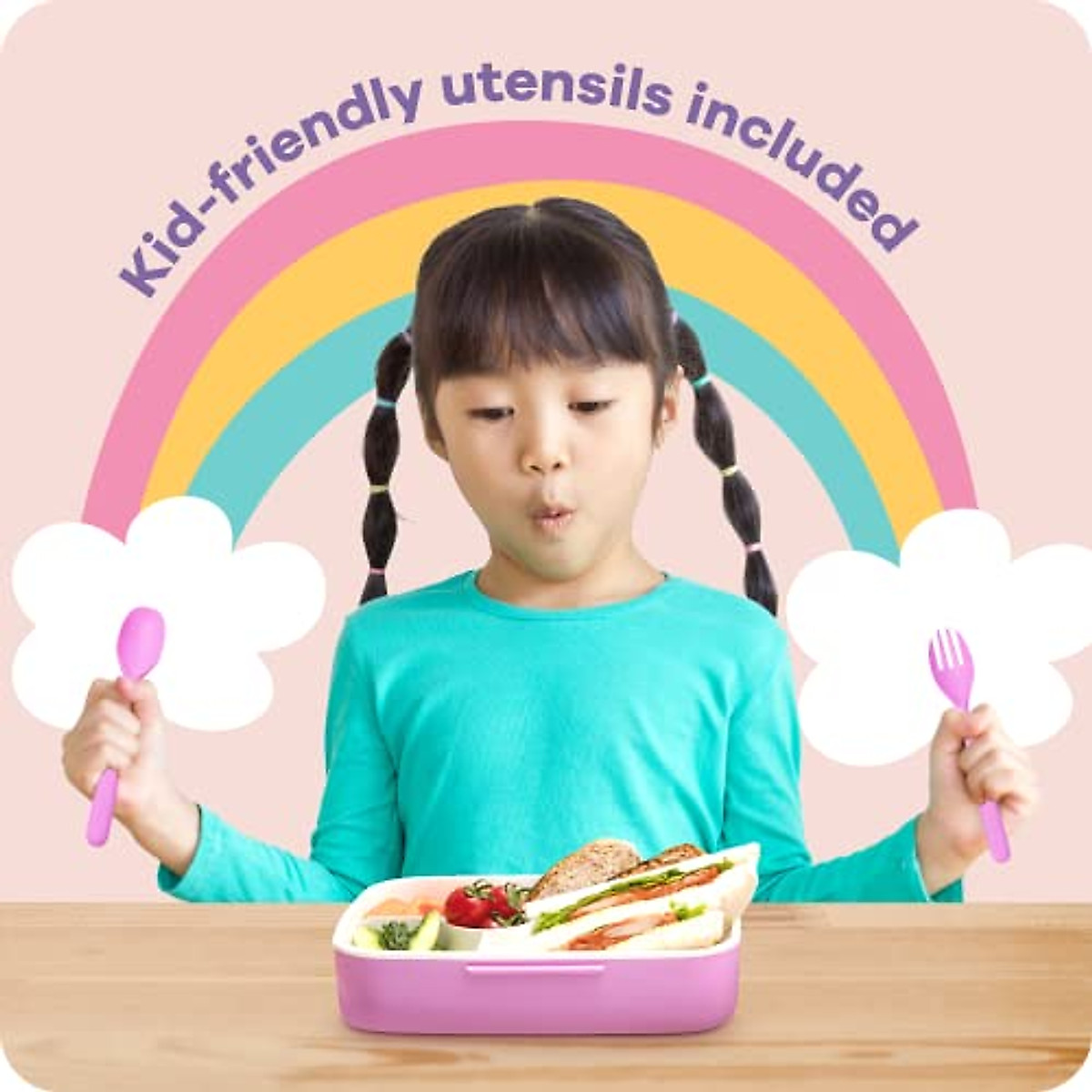 RUVALINO Bento Lunch Box for Kids, 5-Compartment Bento-Style Kids Lunch Box with Utensils, Leak-Proof, Dishwasher Safe, Pre-School Kid Daycare Lunches Snack Container for Ages 5 and up, Unicorn