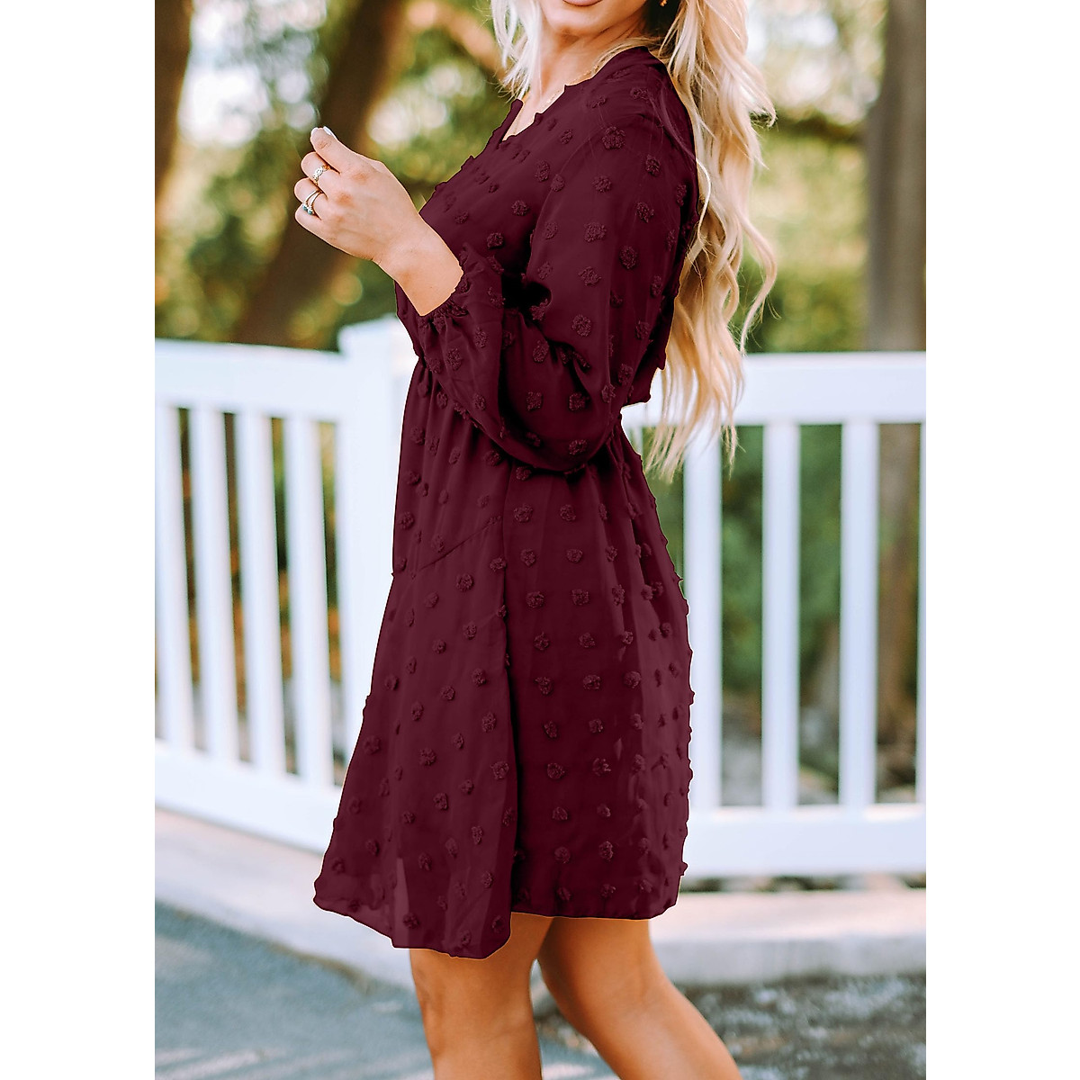 KIRUNDO Womens Spring Dresses 2024 Fashion Casual Long Lantern Sleeve V Neck Cute Swiss Dot Mini Wedding Guest Dress(Style2-Wine Red, X-Large)