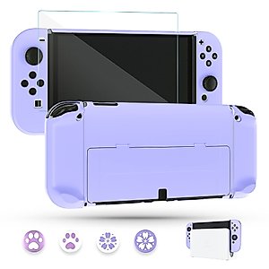 FUNDIARY Dockable Purple Case for Nintendo Switch OLED Model 2021 Skin, Accessories Cover for Switch OLED Console & Joycon with Screen Protector and 4 Thumb Grip Caps - Full Protection by Flip Shell