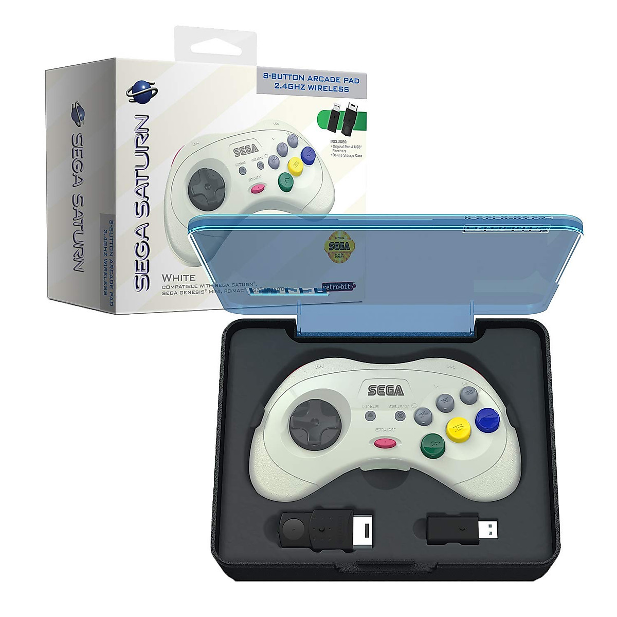 Retro-Bit Official Sega Saturn 2.4 GHz Wireless Controller for Sega Saturn, Sega Genesis Mini, Switch, PS3, PC, Mac - Includes 2 Receivers & Storage Case (White)