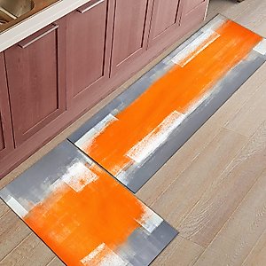 LooPoP Abstract Art Kitchen Mats for Floor Cushioned Anti Fatigue 2 Piece Set Kitchen Runner Rugs Non Skid Washable Orange Grey Gradient Oil Painting 15.7x23.6+15.7x47.2inch