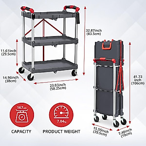 3-Tier Portable Folding Service Cart, Fold Up Rolling Cart, Collapsible Push Cart with Wheels, 56 Lbs Load Capacity per Shelf Folding Utility Carts for Home/Office/Warehouse Gery