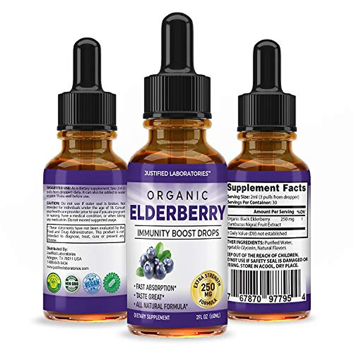 Organic Elderberry Drops Liquid Extract Daily Immune System Support 250MG Sambucus Nigra Antioxidant Berry Flavor for Kids & Adults