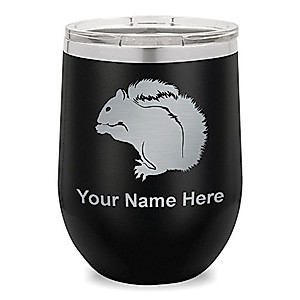 SkunkWerkz Wine Glass Tumbler, Squirrel, Personalized Engraving Included (Black)
