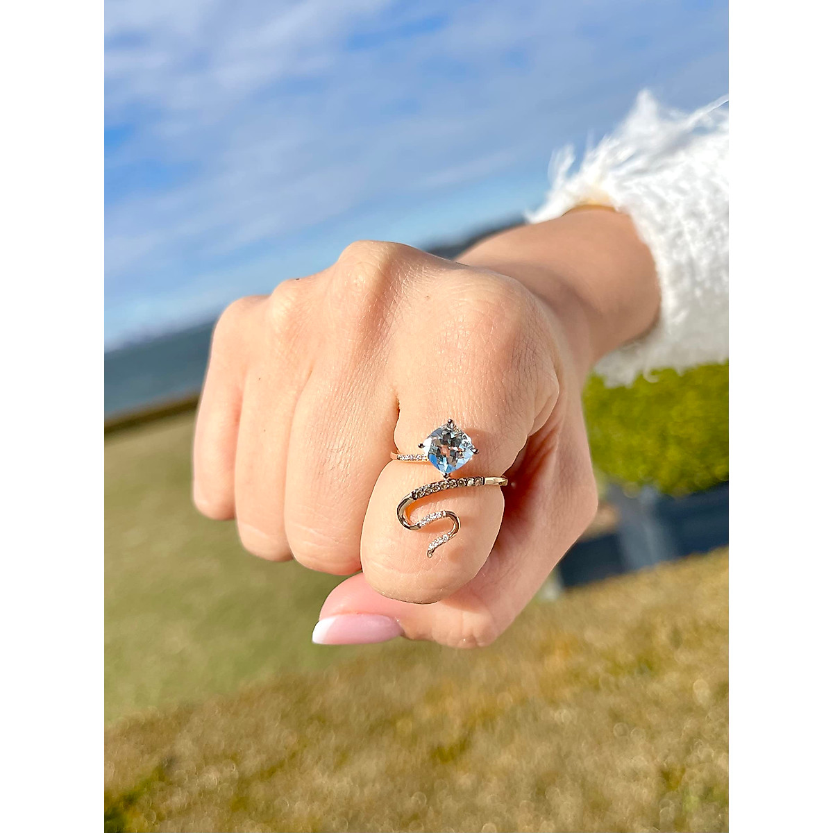 LE VIAN 1/10 Carat Diamond and 1 1/5 Carat Cushion Cut Blue Aquamarine Snake Ring for Women in 14k Rose Gold (Fancy Brown/G-H, VS2-SI1, cttw) Promise Anniversary Ring Size 6.5