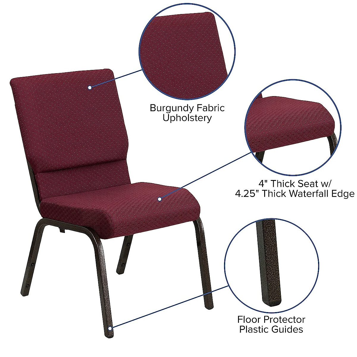 Flash Furniture 4 Pack HERCULES Series 18.5''W Stacking Church Chair in Burgundy Patterned Fabric - Gold Vein Frame