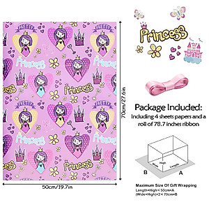 Princess Birthday Wrapping Paper for Girls Kids Baby Child, Lovely Pink Princess Castle Theme Gift Wrapping Paper for Birthday Baby Shower with Pink Ribbon 4 Sheets Folded Flat