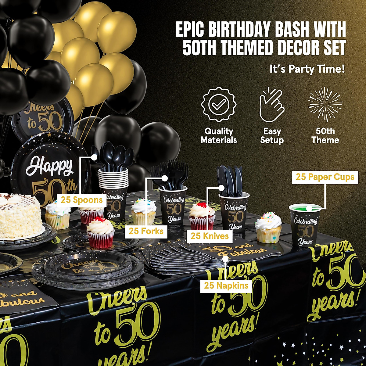 202-Piece 50th Birthday Decorations Set for Women and 50th birthday decorations men – Includes Plates, Napkins, Cups, Tablecloth, Cutlery, and Balloons – Serves 25
