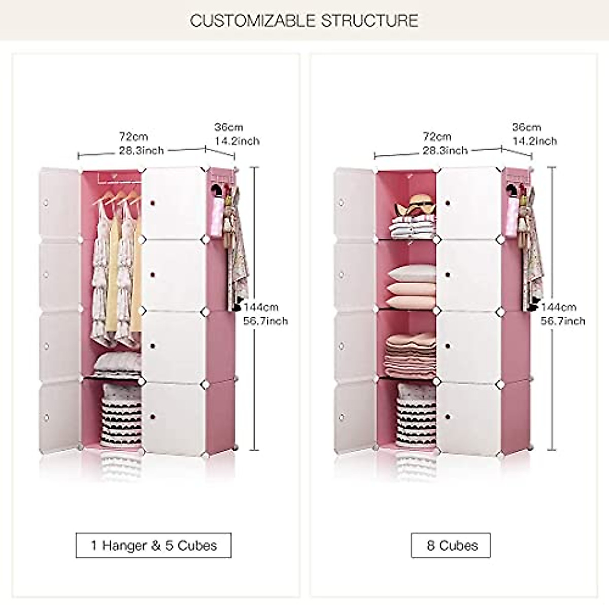 YOZO Cube Storage Organzier Portable Closet Wardrobe Bedroom Dresser (28x14x56 inches) Portable Closet Cube Shelf Armoire Pantry Cabinet, 8 Cubes, Pink