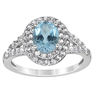 Beyond Brilliance Sterling Silver Oval Blue Topaz & Round Cut Created White Sapphire Double Halo Engagement Ring Jewelry for Women | Gift Box Included