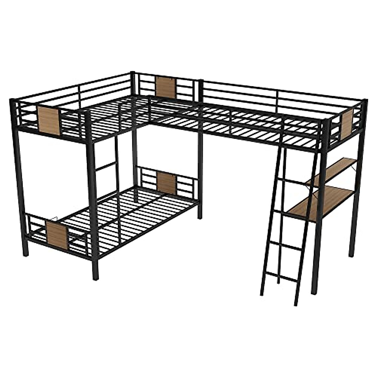BOVZA Metal Triple Bunk Bed, L Shaped Twin Over Twin Bunk Bed and Twin Size Loft Bed with Desk and Shelf, 3 Bunk Beds for Kids Teens Adults, Brown