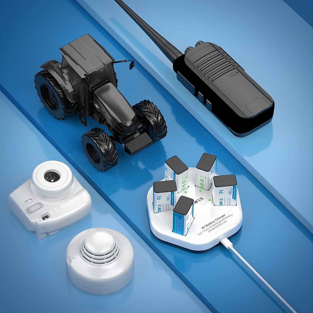 POWXS 9V Rechargeable Battereis Charger and 5 Pack 280mAh 9 Volt Ni-MH Rechargeable Batteries for Smoke Alarms, Guitar, Cameras, Toys & More