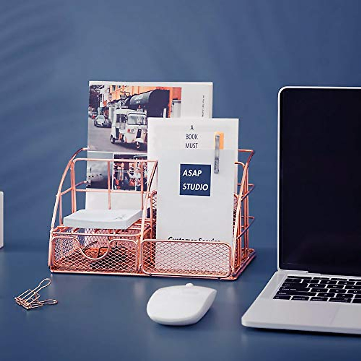 ARTISHION Desk Organizer, Office Supplies Desktop Holder, Metal Mesh Stationary Organizer Rose Gold with Drawer, Pen Pencil Holder for Office, Home, School