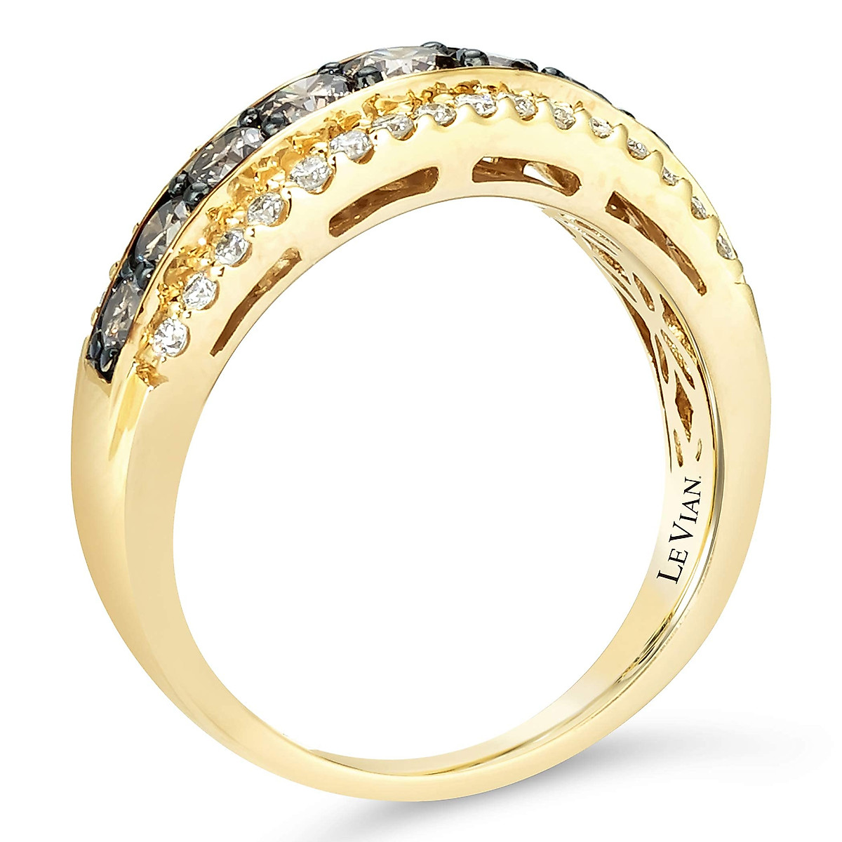 LE VIAN 1 1/5 Carat White and Chocolate Diamond Wavy Three Row Band Ring for Women in 14k Yellow Gold (H-I/Fancy Brown, VS2-SI1, cttw) Anniversary Promise Ring Size 7 by LeVian