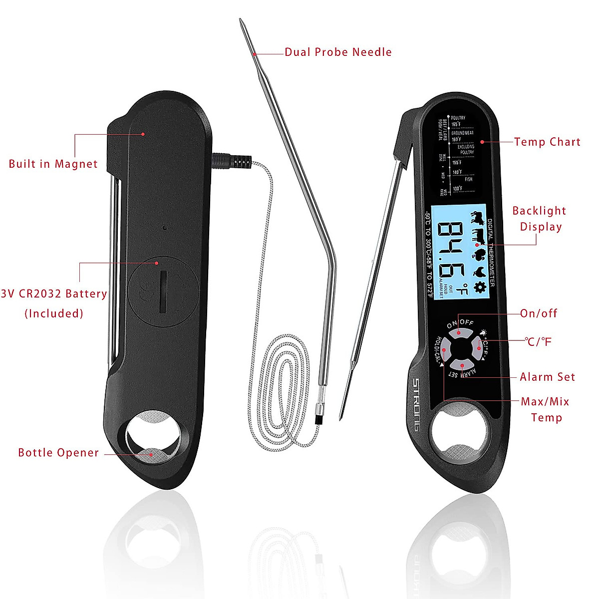 Roses&Poetry Meat Thermometer Digital Food Thermometer with 2 Probes, Alarm Setting,Backlight Large Screen,Waterproof Instant Read Cooking Thermometer for Meat,Grill,Liquids,BBQ Oven (Black)