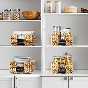 Casafield Set of 4 Water Hyacinth Pantry Baskets, 10" x 13" x 5", with Chalkboard Labels and Chalk Marker - Natural, Woven Storage Bin Organizers for Kitchen Shelves