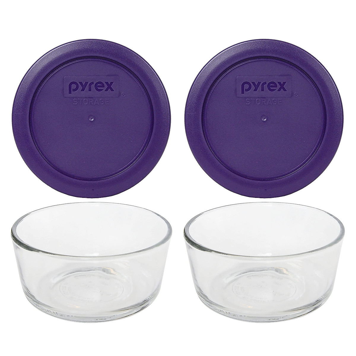 Pyrex (2) 7200 Glass Dishes & (2) Pyrex 7200-PC Plum Purple Lids Made in the USA