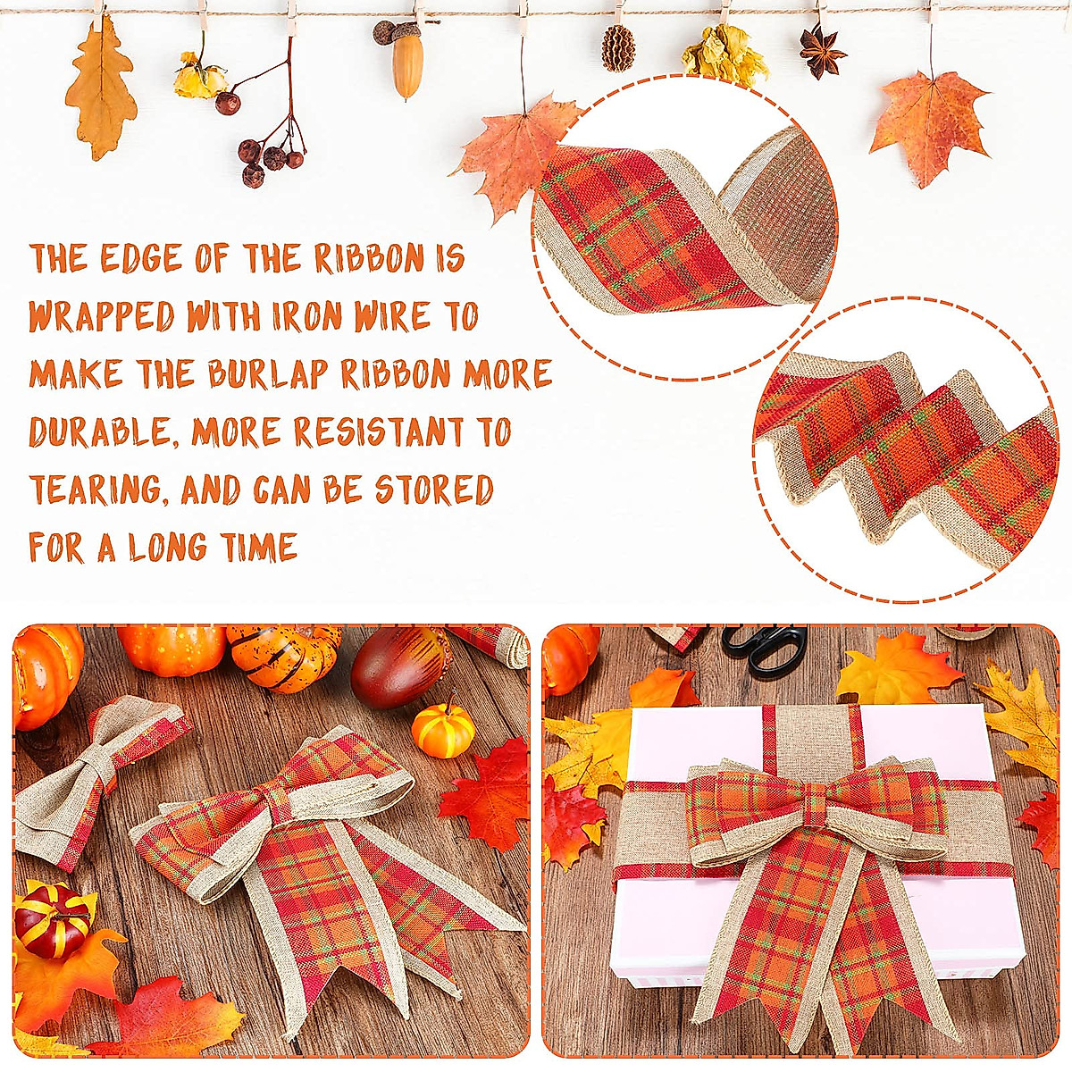 2 Rolls 10 Yards Fall Plaid Wired Edge Ribbons Thanksgiving Orange Buffalo Plaid Ribbon Burlap Fabric Ribbon Natural Wrapping Red Orange Edge Ribbon for Wedding Decor Autumn Crafts, 2.5 Inch