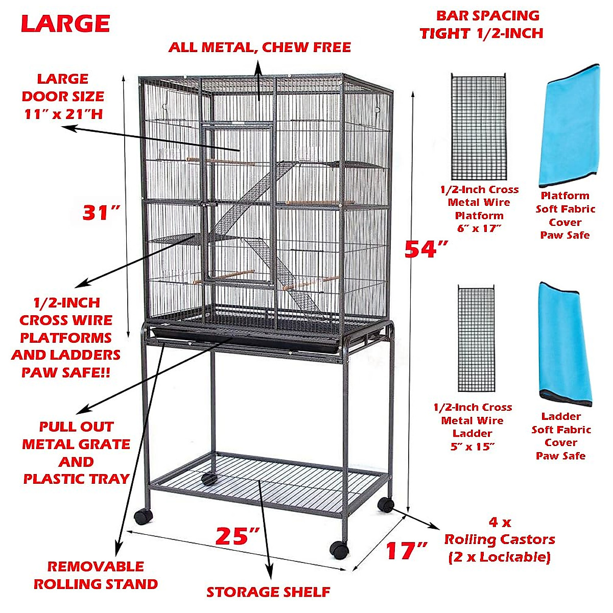Extra Large Wrought Iron Chew-Proof 4-Levels Narrow Bar Spacing Ferret Chinchilla Squirrel Sugar Glider Rats Mices Rabbit Squirrel Hamster Cage Easy Clean Pull Out Tray with Removable Rolling Stand