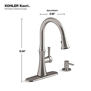 KOHLER R28706-SD-VS Kaori Single Handle Kitchen Faucet with Pull Down Sprayer and Soap Dispenser, Vibrant Stainless