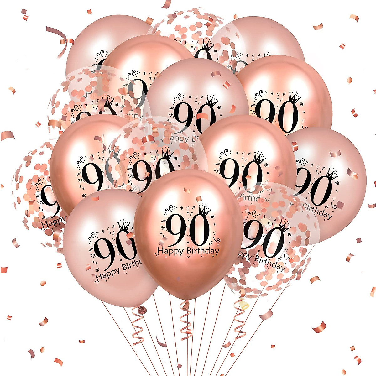 RUMIA 18pcs Rose Gold 90th Birthday Balloons, Latex Balloons with Confetti Design, Party Decorations for Women Men 90th Birthday Anniversary Decor Supplies