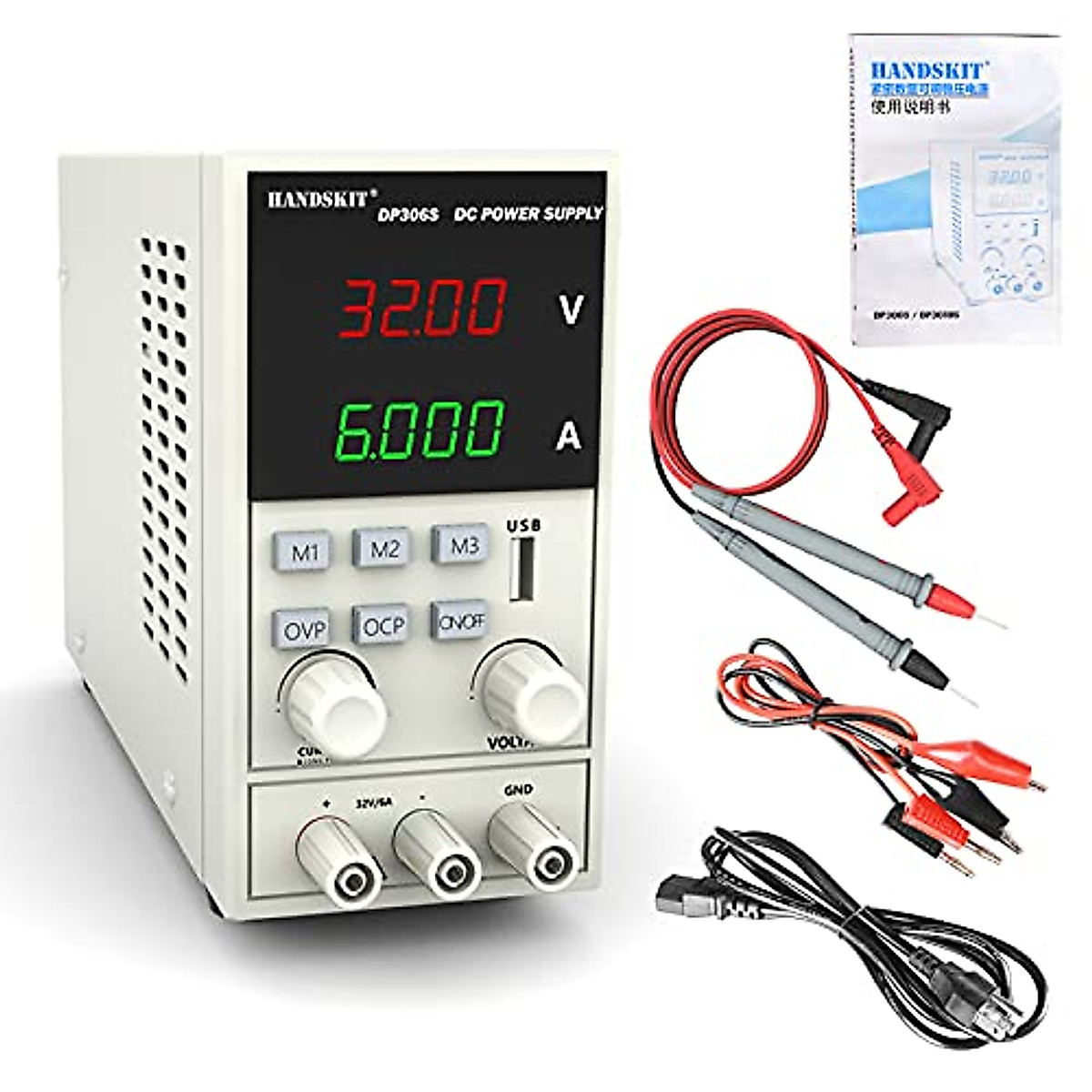 DC Power Supply,HANDSKIT Bench Power Supply 32V 6A Variable Adjustable Switching Regulated Power Supply OVP OCP Digital LED Display with Multimeter Test Lead,Alligator Clip and Plug Adapter Power Cord