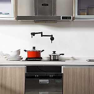 KWODE Matte Black Pot Filler Faucet Wall Mount Commercial Kitchen Sink Faucet Double Joints Folding Stretchable Swing Arm with Single Hole 2 Handles Brass