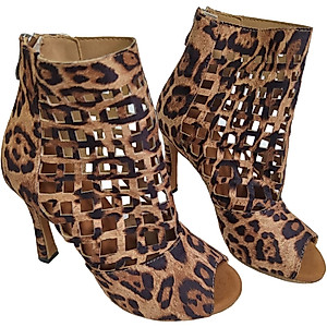 Beinimira Womens Hollow Out Latin Dance Shoes Peep Toe Mid Heel Leopard Boots Tango Latin Ballroom Chacha Leopard US 8.5