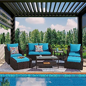 Kiss the Water Outdoor Patio Furniture Sets, 7 Pieces Outdoor Sectional Rattan Sofa Set, Brown PE Wicker Patio Conversation Sets with 10 PCS Lake Blue Washable Cushion and Tempered Glass Table