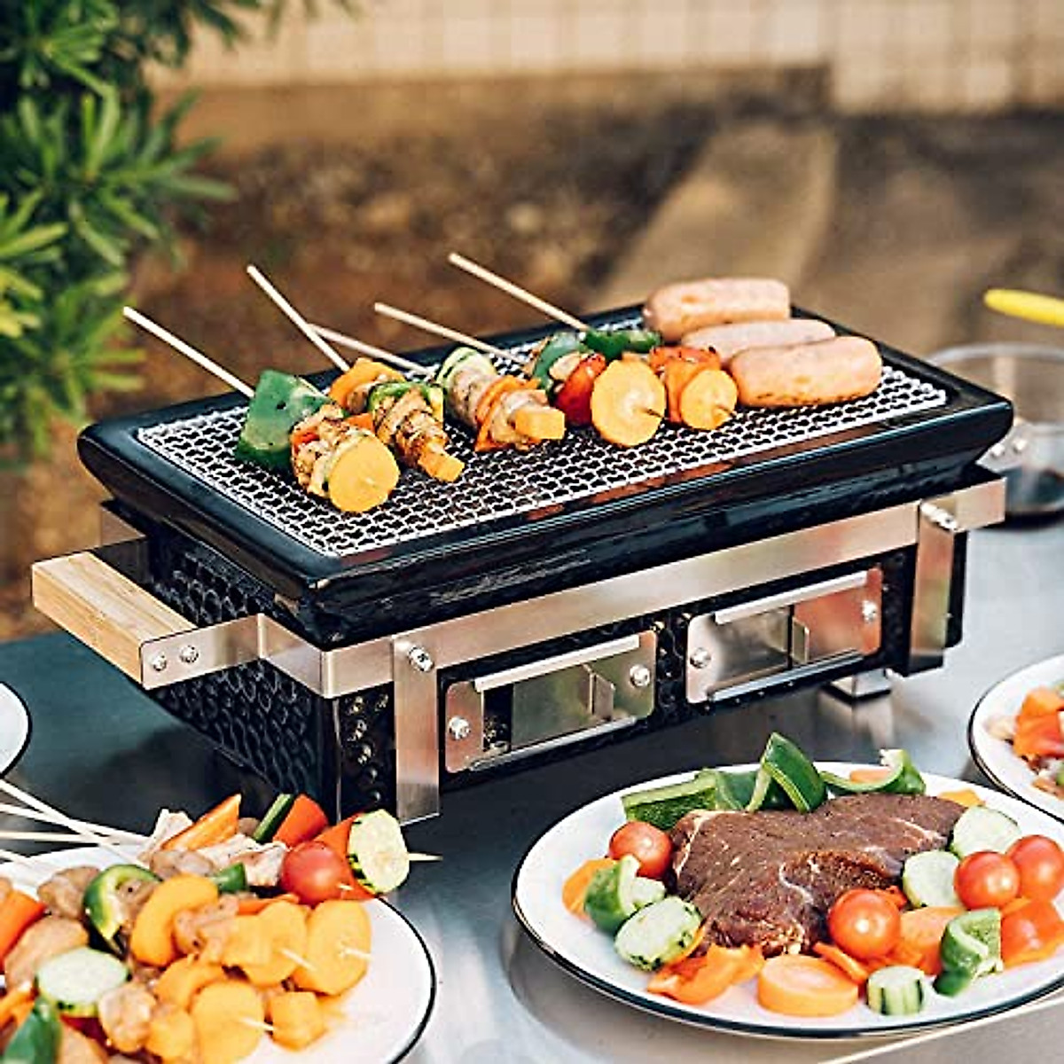 CNJerryXD Rectangular Tabletop Ceramic Grill Garden Outdoor Camping Portable Ambience BBQ Grill (13.7x6.9 in)