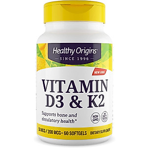Healthy Origins Vitamin D3 & K2 - Vitamin D3, 50 mcg - Vitamin K2, 200 mcg - Easily Absorbable Vitamin D & Vitamin K Supplements - Non-GMO & Gluten-Free Supplements - 180 Softgels