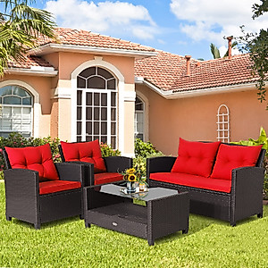 Tangkula 4-Piece Patio Furniture Set, Rattan Wicker Chair Set with 1 Loveseat, 2 Single Sofas, 1 Coffee Table with Tempered Glass Top, Outdoor Furniture Sets for Backyard, Porch, Garden and Poolside